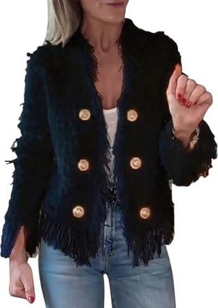 Generic Cardigan &eacute;l&eacute;gant &agrave; pompons pour femme - V&ecirc;tements dautomne - Cardigan &agrave; motifs pour femme, Noir, S