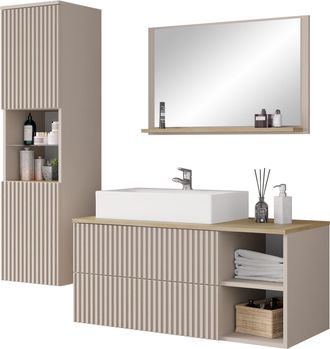 Mirjan24 Badmöbel Set Kormen Rillen II mit Waschbecken und Siphon, 4 offenen Fächern, 4 Einlegeböden 2 Schubladen, Oberplatte - Marmor-Optik, Badezimmer Komple