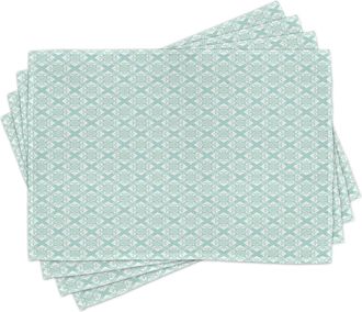 Abakuhaus Teal und Wei&szlig; Platzmatten 8 St&uuml;ck, Altmodische abstrakte Mosaik-Gestaltungselemente mit Blumendetails, Waschbare Stoff Esszimmer K&uuml;che Tischdekoration