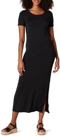 Amazon Essentials Robe Longue Fendue sur le Côté Col Rond à Manches Courtes Coupe Standard en Jersey Femme, Noir, XS