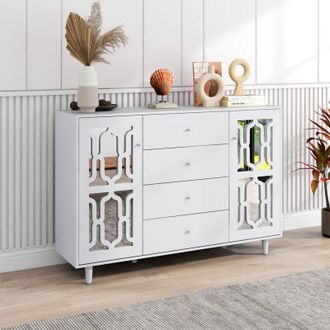 STILVORA Buffet et Enfilade avec 2 Portes, 4 Tiroirs et Poign&eacute;es Cristal, Finition Miroir, en MDF, Blanc, 147,5&times;40&times;102 cm