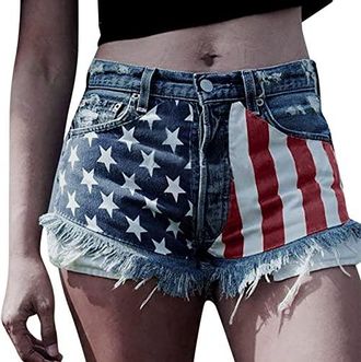Generic Short en Jean imprimé Drapeau américain déchiré pour Femme Taille Haute Ourlet effiloché Short en Jean décontracté Short Cycliste Femme Beige (Blue, X