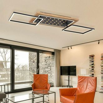 Globo Lighting Plafonnier led noir salle &agrave; manger lampe de salon aspect bois, cadre led pivotant 3 niveaux d&eacute;clairage, m&eacute;tal, 48W 2100lm 3000K, l 96cm