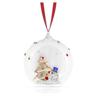 Swarovski Holiday Cheers Baum und Schneemann Weihnachtskugel, Festliche Kristallkugel mit Goldfarbenem Baum und Fröhlichem Schneemann sowie 763 Facetten und Rot