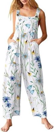 Generic EMUKFD Salopette boh&egrave;me pour femme - Style ethnique vintage - Patchwork - Jambe large - Imprim&eacute; floral - Combinaison d&eacute;t&eacute; d&eacute;contract&eacute;e - Barboteuse bo