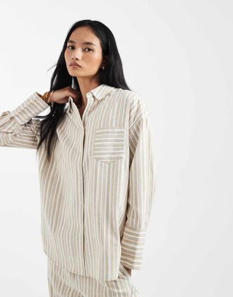 4th & Reckless Leichtes, gestreiftes Strandhemd in Beige mit hohem Baumwollanteil und Knopfleiste, Kombiteil-Bunt