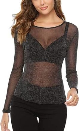 ORANDESIGNE T-Shirt à Manches Courtes en Maille pour Femmes Mesh Crop Top Y2k Sexy Transparent Haut en Résille Perspectif Slim Fit Fête Blouse Clubwear Z1 Noir L