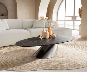 DELIFE Couchtisch Edge Oval 140x75 cm Keramik Laminam Noir Desir Braun Conis Edelstahl geb&uuml;rstet, Couchtische