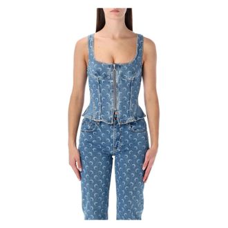 Marine Serre Femme, Tops, Bleu, Taille: 38 FR Moon Laser Denim Bustier Top