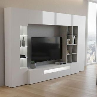 Dmora Ausgestattete Wand Iago, TV-St&auml;nder-Wohnzimmerset, Mehrzweck-Wohnzimmerm&ouml;bel, 100 % Made in Italy, 290 x 40 x 192 cm, gl&auml;nzendes Wei&szlig; und Beton