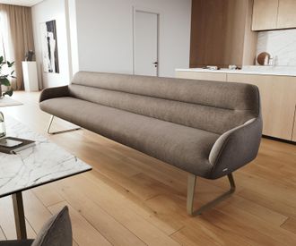DELIFE Esszimmerbank Taya-Flex 300 cm Strukturstoff Soft Taupe Kufengestell flach Effektfinish Titan Taschenfederkern, B&auml;nke