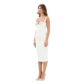 Elisabetta Franchi Femme, Robes, Beige, Taille: 42 FR Robe Midi en Cr&ecirc;pe L&eacute;ger avec Cristaux
