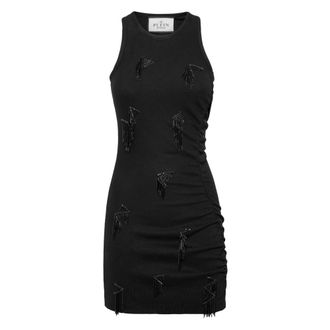 Philipp Plein Femme, Robes, Noir, Taille: 40 FR Jersey Rib Short Dress Fringe