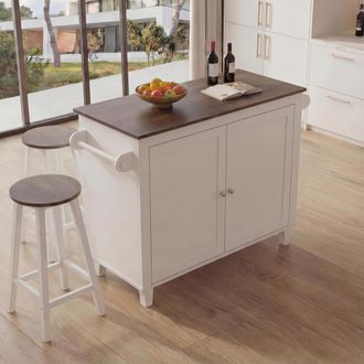 Mendler K&uuml;cheninsel HWC-P61 mit 2 Sitzhockern, K&uuml;chenschrank Schublade Stauf&auml;cher MDF 90x120x45cm - wei&szlig;, Dunkles Holz