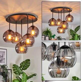 HOFSTEIN Deckenleuchte Koyoto, 5-flammige Deckenlampe aus Metall/Riffelglas in Schwarz/Rauchfarben, moderne Leuchte im Retro/Vintage-Design (Schirme &Oslash; 15 cm), 
