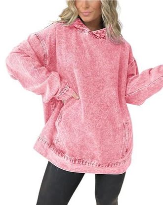 Generic Sweat à capuche en jean avec poches avant, veste en jean pour femme, sweat à capuche surdimensionné pour femme, rose, XXL