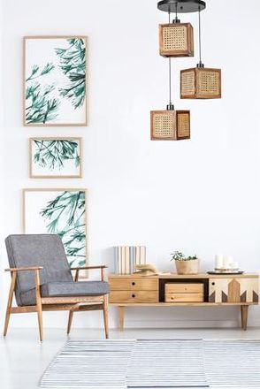 Opviq Elegant Chandelier with FIR Wood Body & Natural Rattan Cap, Adjustable Height 70 cm, E27 Socket, 18 cm Diameter | Stylish Walnut & Rattan Design for M