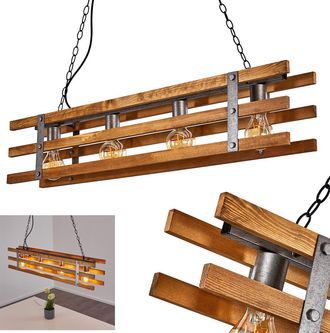 HOFSTEIN Pendelleuchte Mallard, H&auml;ngelampe aus Holz/Metall in Braun/Silber, 4-flammig, 4 x E27 max. 28 Watt, H&ouml;he max. 152,5 cm, l&auml;ngliche H&auml;ngeleuchte im Retr