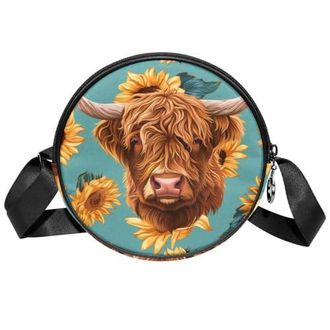 Generic Sac &agrave; bandouli&egrave;re rond pour femme, motif vache et tournesol avec fermeture &eacute;clair et bretelles r&eacute;glables