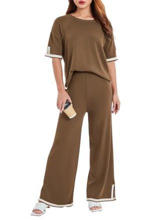 Generic Tenue 2 pi&egrave;ces pour femme, coupe d&eacute;contract&eacute;e, pull &agrave; manches courtes, pantalon long, pantalon long, noir, taille M pour un usage quotidien, le travai
