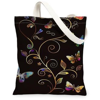 Generic Sacs fourre-tout en toile motif floral papillon, sacs d&eacute;picerie r&eacute;utilisables, sacs d&eacute;picerie r&eacute;utilisables, l&eacute;gers et lavables, noir, 13x15 Inch