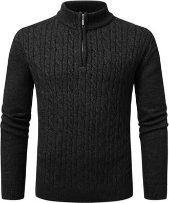 AlltheMen Homme Zipp&eacute; 1/4 Pull Col Montant Sweats Manches Longues Chaud Pullover en Maille Torsad&eacute;e dhiver Noir S