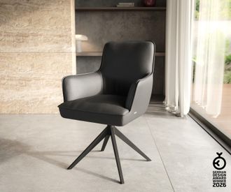 DELIFE Drehstuhl Heira-Flex mit Armlehnen Echt-Leder Schwarz Kreuzgestell breit Schwarz 360&deg; drehbar Taschenfederkern, Esszimmerst&uuml;hle