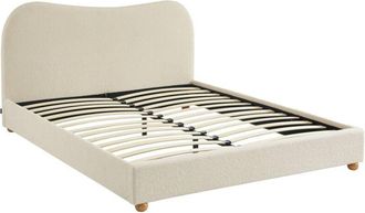 Sweeek Sweeek - Lit avec sommier &agrave; lattes et t&ecirc;te de lit. blanc finition bouclette. L214.5 x P168 x H97cm