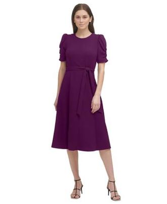 DKNY Womens Jewel Neck Scuba Crepe Dress, Wine, 14