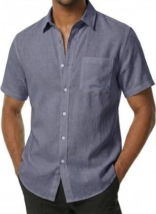 Coofandy Chemise en Lin pour Hommes &agrave; Manches Courtes L&eacute;g&egrave;re Chemise d&Eacute;t&eacute; Chemisier D&eacute;contract&eacute;e avec Poche de Poitrine Chemisier de Plage Bleu 3XL