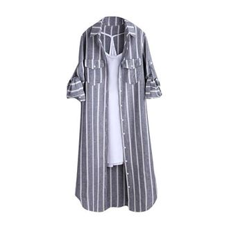 Generic Chemises en coton et lin pour femmes &agrave; manches longues ray&eacute;es 2026 tendance pour femmes, chemisiers d&eacute;contract&eacute;s boutonn&eacute;s, T-shirt ample &agrave; manches en