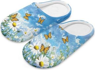 Coloranimal Pantoufles de spa &agrave; bout ferm&eacute; pour femme, chaussures dint&eacute;rieur en coton et lin, pantoufles dint&eacute;rieur en coton, Blue Sky Daisy Butterfly, 35.5/36.5 