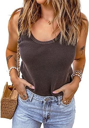 Zeagoo Débardeur dété à manches courtes pour femme - Col rond - Sans manches - En tissu gaufré - Élégant - Décontracté - Basique - Décontracté, gris foncé, X