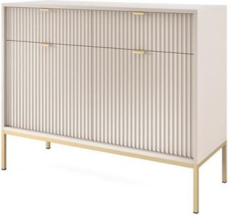 Selsey 2-Türiges Sideboard Greige - Minimalistisches Design Mit Goldgestell & Geriffelten Fronten - Kommode Weiß Mit Schubladen - Breite 104 cm - Ideal Für W