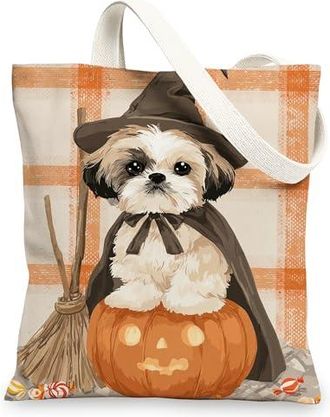 Generic Sac fourre-tout en toile motif animal fantaisie, sac dépicerie réutilisable, léger et lavable avec bandoulière, Orange, 13x15 Inch