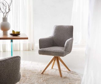 DELIFE Drehstuhl Heira-Flex mit Armlehnen Boucl&eacute; Silbergrau Holzgestell kantig Natur 180&deg; drehbar Taschenfederkern, Esszimmerst&uuml;hle