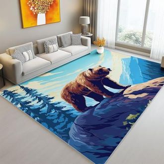 Generic Bleu Lavable en Machine Tapis Salon Ours dessin&eacute; &agrave; la Main Montagnes, 140 x 200 cm Doux Tapis de Sol Pelucheux Dessous Antid&eacute;rapant, Entree Interieur 