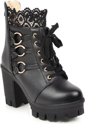 Generic Bottines Femme Ornées De Dentelle Bout Rond Talons Hauts Épais Laçage avec Bride À Boucle Fermeture Éclair Latérale Chaussures Cosplay Habillées,Noir,