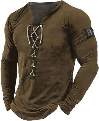 Generico Chemise &agrave; manches courtes pour homme - Style r&eacute;tro - Col en V - Lacets classiques - Henley - Confortable - Chemise de loisirs - Sweatshirt militaire &agrave;