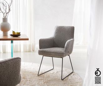 DELIFE Esszimmerstuhl Heira-Flex mit Armlehnen Boucl&eacute; Silbergrau Kufengestell Schwarz Taschenfederkern, Esszimmerst&uuml;hle