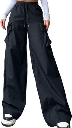 SOLY HUX Damen Cargo Hosen Breite Bein Hose Gerade Cargohose Hohe Taille Freizeithose mit Taschen Loose Fit Damenhose Streatwear Herbst Outfit Schwarz XS