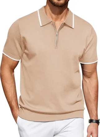 Coofandy Herren-Poloshirt mit Rei&szlig;verschluss, l&auml;ssig, gestrickt, kurz&auml;rmelig, Klassische Passform, Helles Hellbraun, Mittel