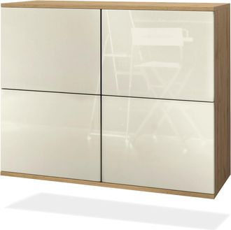 Vladon Kommode Rova V3, Moderner Küchenschrank mit 4 Push-to-Open Türen Eiche Evoke/Creme Hochglanz (92,5 x 73.5 x 35)