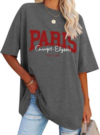 Dresswel Oversized T Shirt Damen Paris Brief drucken Vintage T-Shirt Kurzarm Rundhals Sommer Oberteile Lose Bluse Lang Tunika Top f&uuml;r Teenager M&auml;dchen