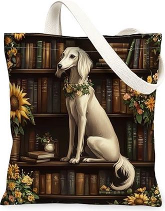Generic Sac fourre-tout en toile motif chien Saluki printanier pour faire du shopping, 33 x 38,1 cm, sac d&eacute;picerie r&eacute;utilisable pour femme, motif amusant pour