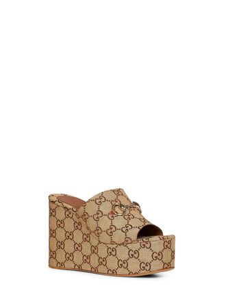 Gucci Mens Wedge Sandals Horsebit Beige-Dark Brown