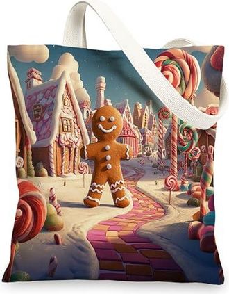 Generic Sac fourre-tout en toile de No&euml;l pour faire du shopping, 33 x 38,1 cm, motif bonhomme de pain d&eacute;pices pour enfants, sac d&eacute;picerie r&eacute;utilisable pour fe