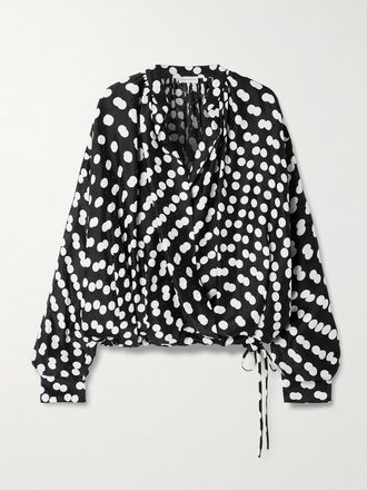 Dries Van Noten Draped Polka-dot Satin-jacquard Blouse - Black