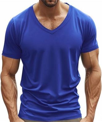 Generic T-shirts pour homme - Col en V - Manches courtes - Athlétique - Course à pied, gym, muscle - Respirant et frais, bleu, XXL