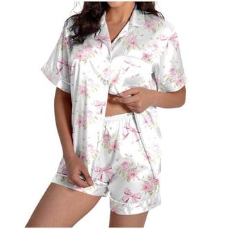 Generic Ensemble de pyjama &agrave; manches courtes avec col en V imprim&eacute; et poche boutonn&eacute;e pour la Saint-Valentin 2026 (2), blanc, XXL